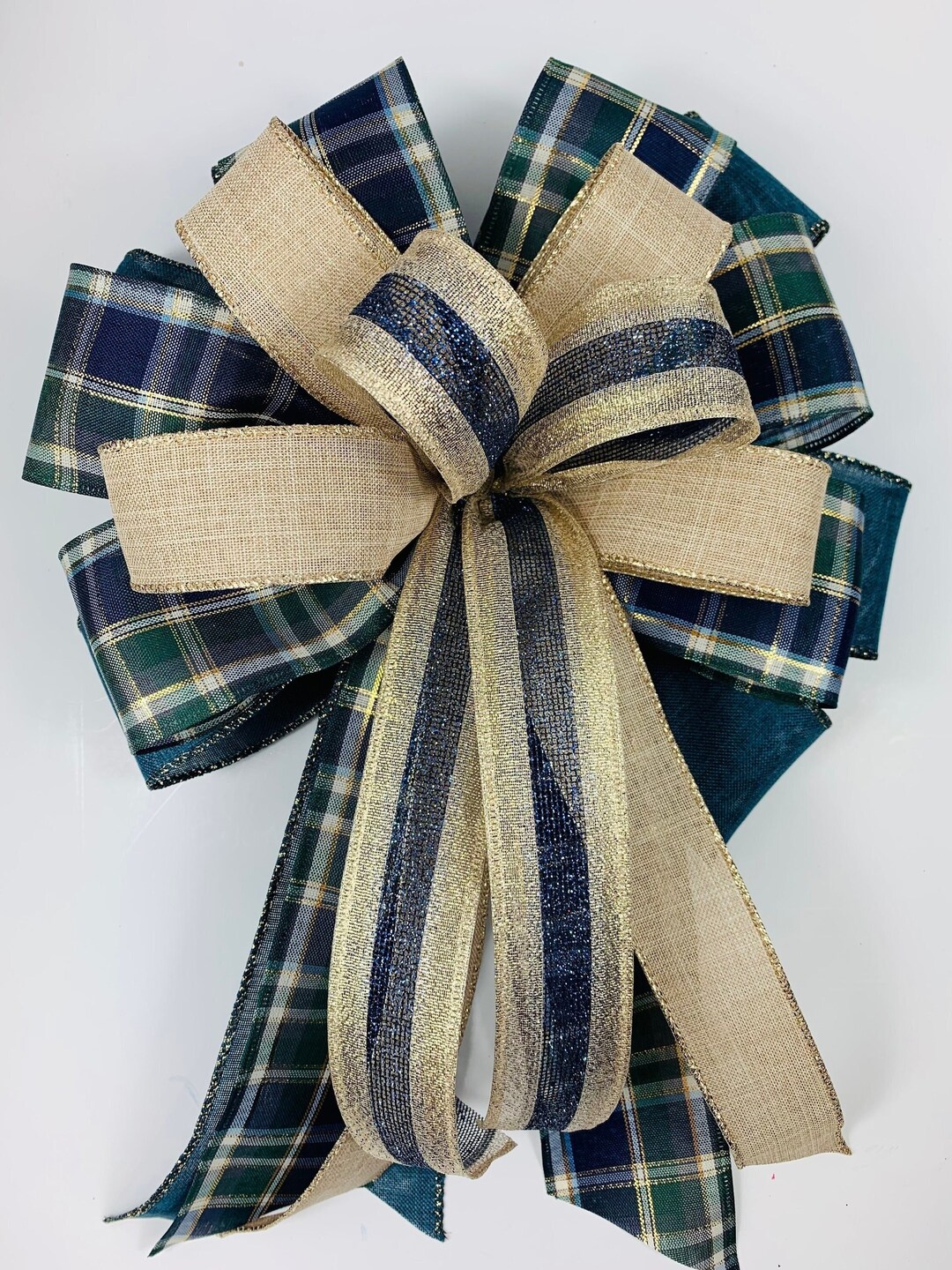 Outdoor Rustic Natural Christmas Bow, Navy Blue and Green Plaid ...