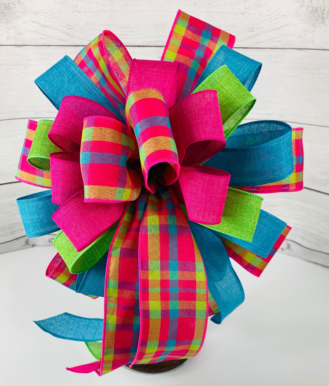 Bright Plaid Spring Bow: Fuchsia, Turquoise, Lime Green - Etsy