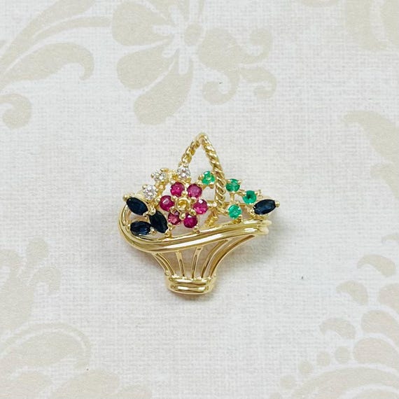14K Gold Estate Flower Basket Pin/Pendant - Gem