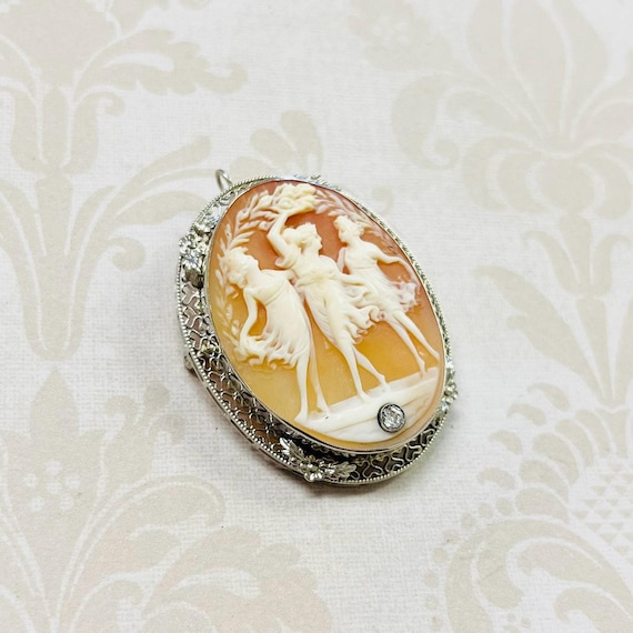 14K Gold Estate Art Deco Three Graces Diamond Cameo B… - Gem