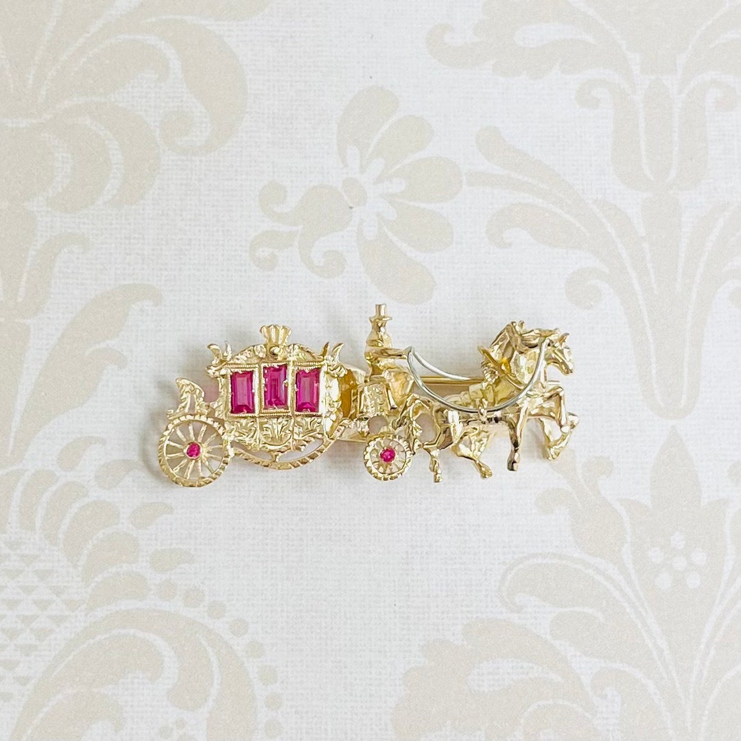 18K Gold Estate Horse Drawn Carriage Brooch - Etsy