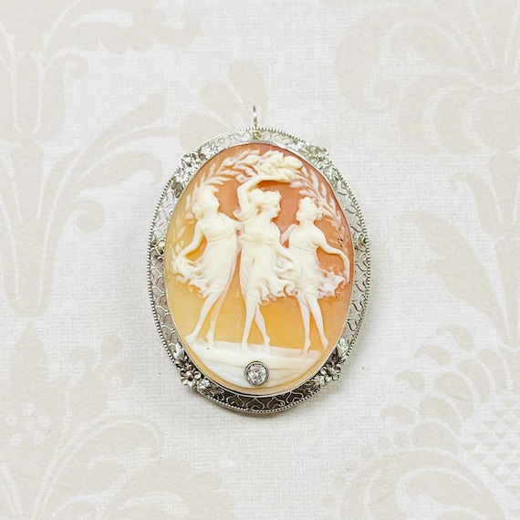 14K Gold Estate Art Deco Three Graces Diamond Cameo B… - Gem
