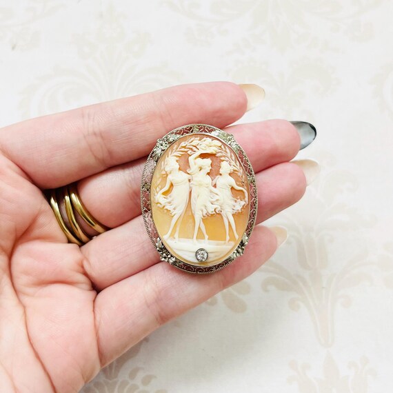 14K Gold Estate Art Deco Three Graces Diamond Cameo B… - Gem
