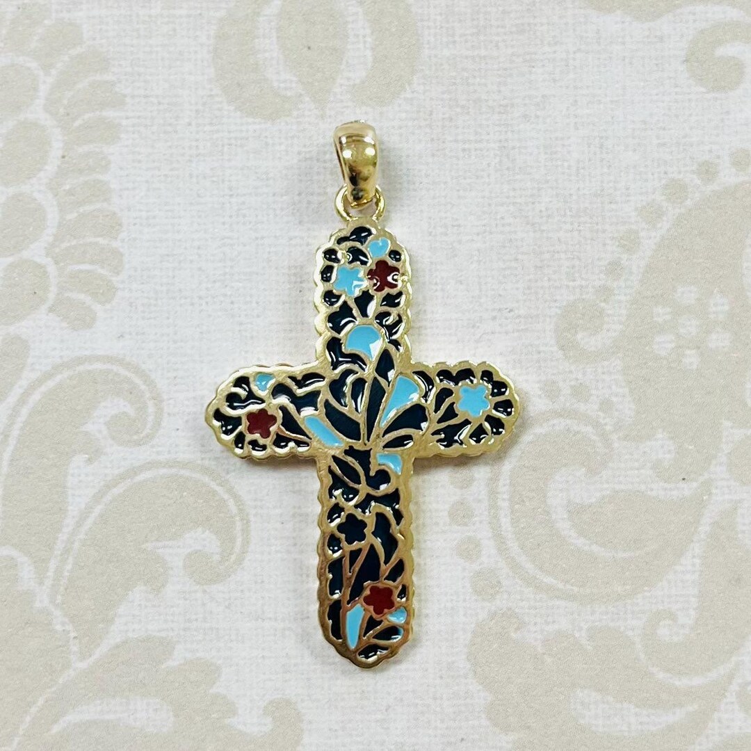 14K Gold Enamel Cross Pendant - Etsy