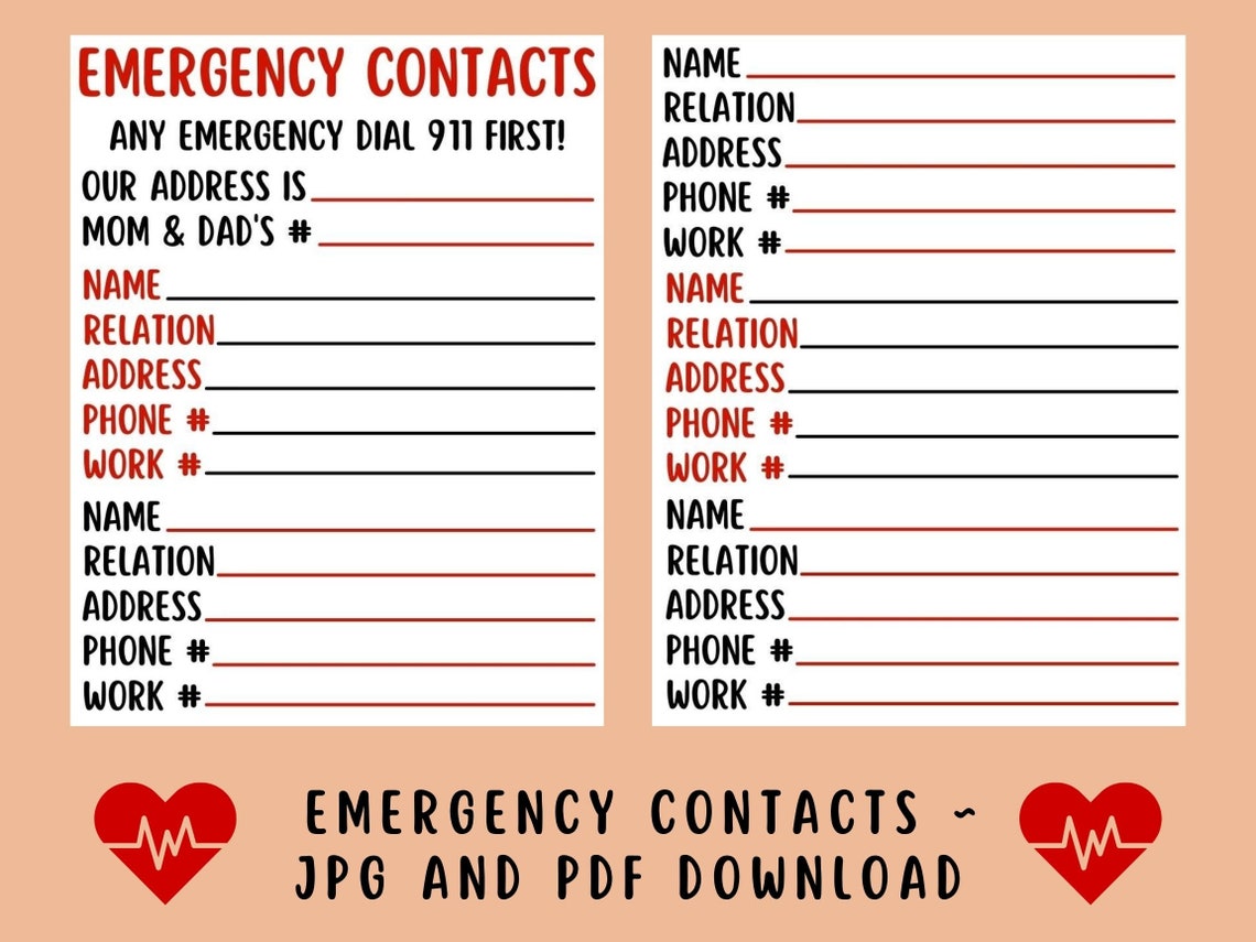 Emergency Contact Printable - Etsy