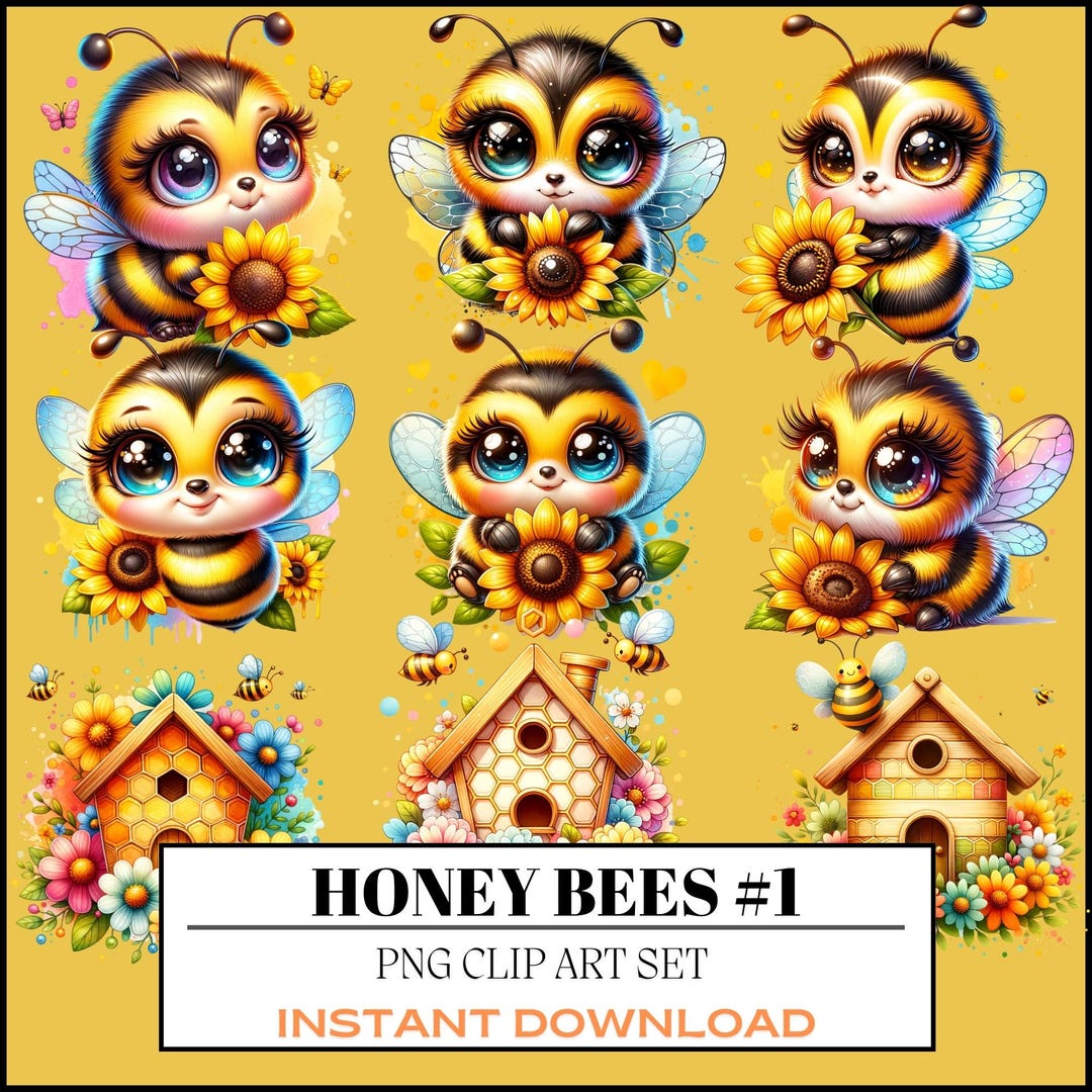 Cute Honeybee Clip Art, Adorable Bee Holding Sunflower, Digital Bee ...