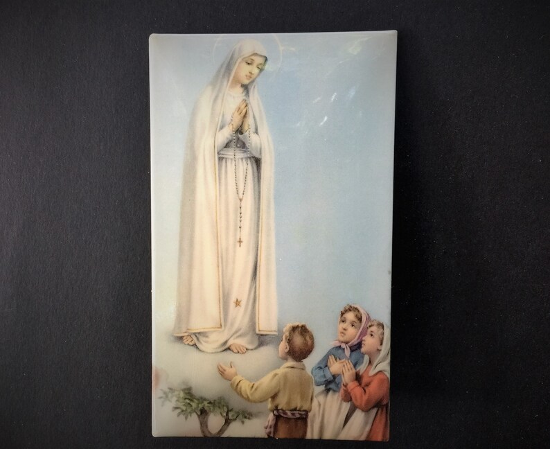Vintage Celluloid Lithograph Catholic Virgin Mary Children Vision Tin ...