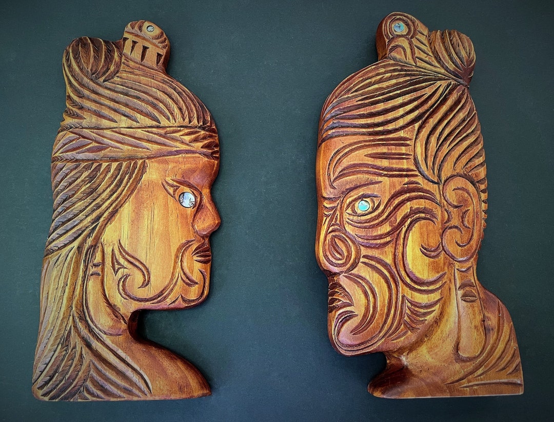 Vintage Maori Wood Carvings Male Female Head Profiles Wall - Etsy