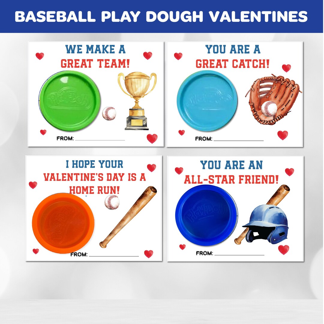 Baseball Play Dough Valentines, Kids Class Printable Valentine Cards ...