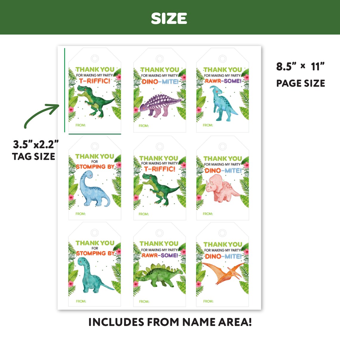 Dinosaur Party Favor Gift Tag, Kids Dinosaur Birthday Printable Thank ...