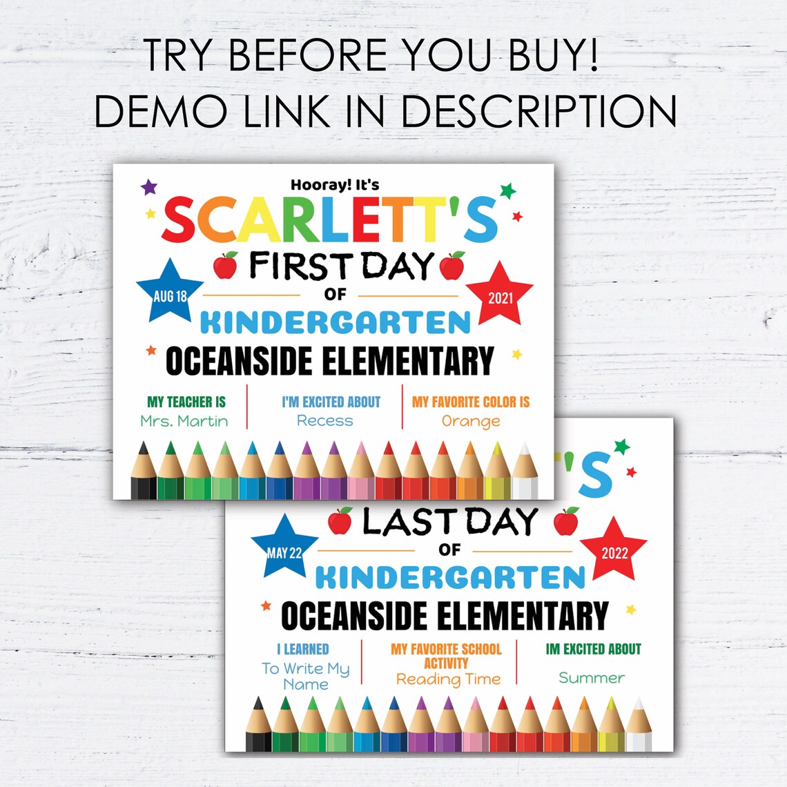 Editable First or Last Day of School Photo Sign Kindergarten | Etsy