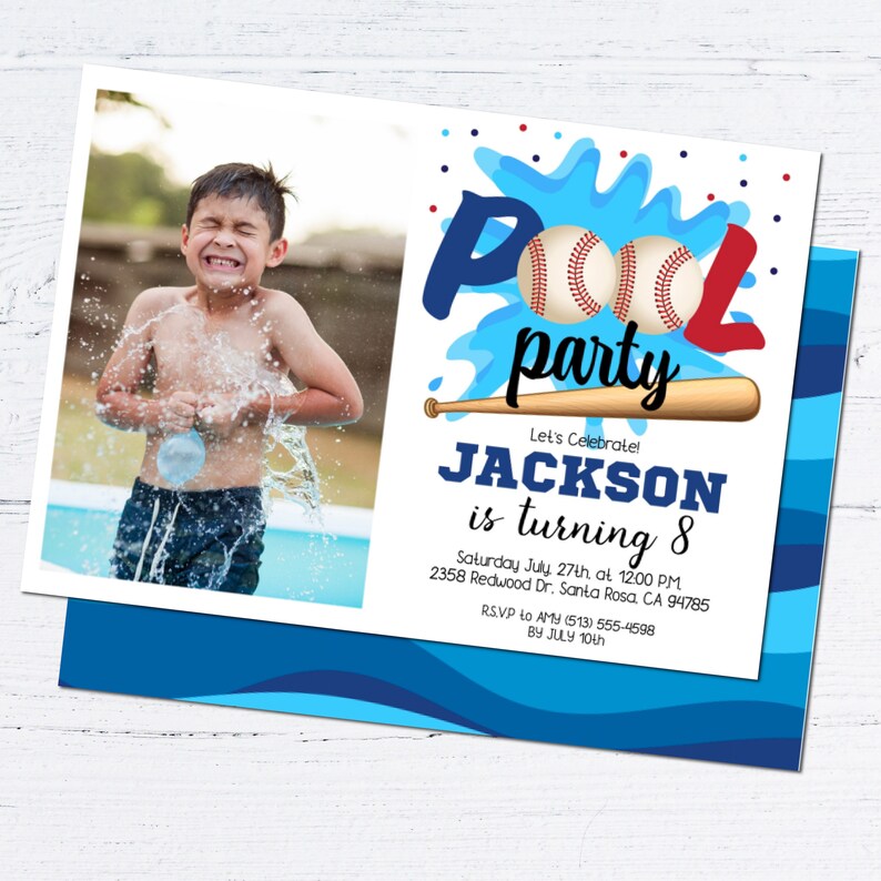 Editable Baseball Pool Birthday Party Photo Invitation Instant Template ...