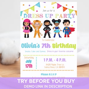 Editable Dress up Costume Birthday Party Invitation Instant Template ...