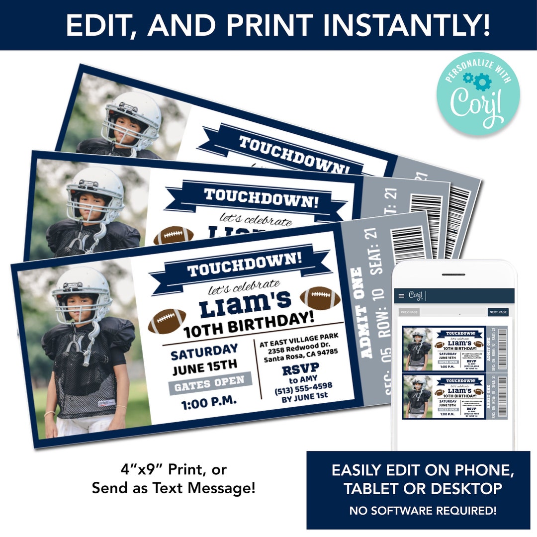 Editable Football Ticket Birthday Party Invitation Navy Blue and Grey ...