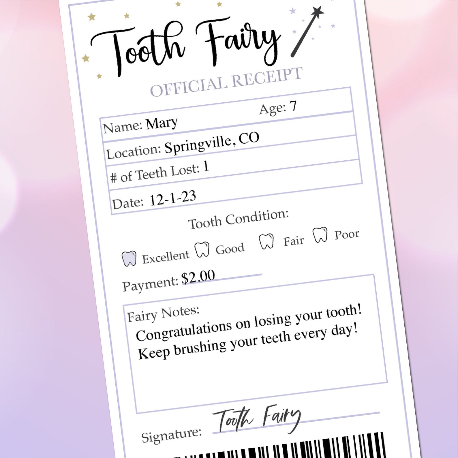Editable Printable Tooth Fairy Receipt and Message Card Bundle, Lost ...
