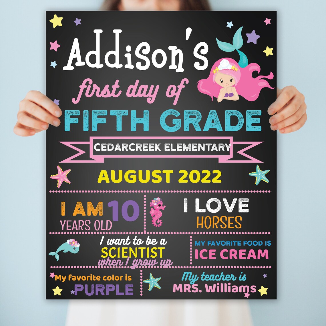 Mermaid Back to School Editable Printable Chalkboard Sign, First Day of ...