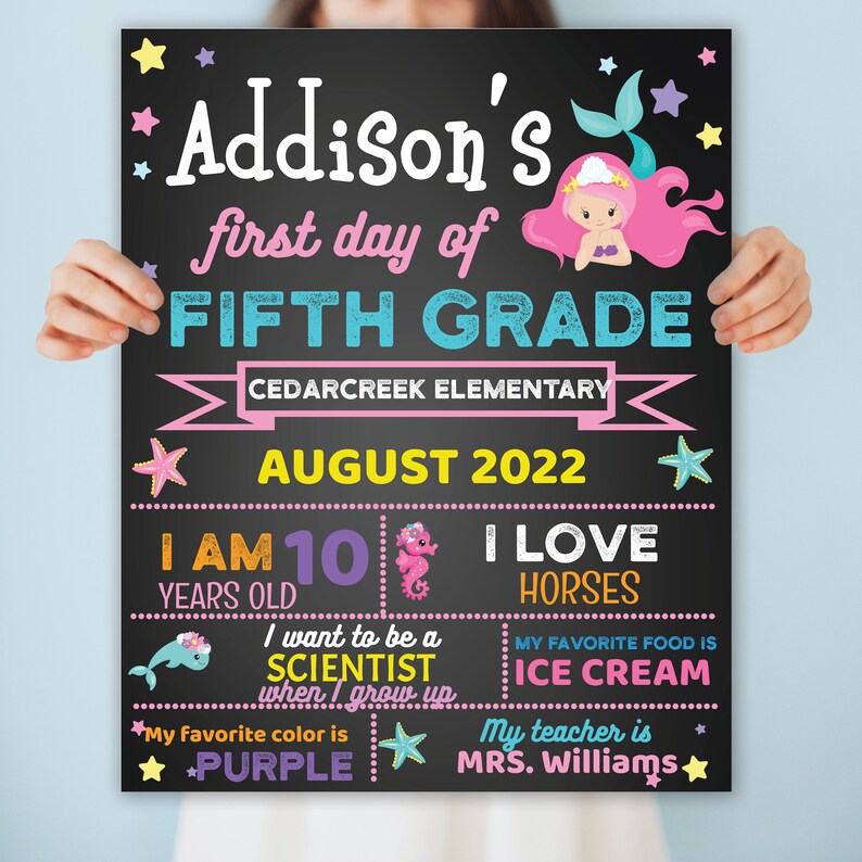 Mermaid Back to School Editable Printable Chalkboard Sign, First Day of ...