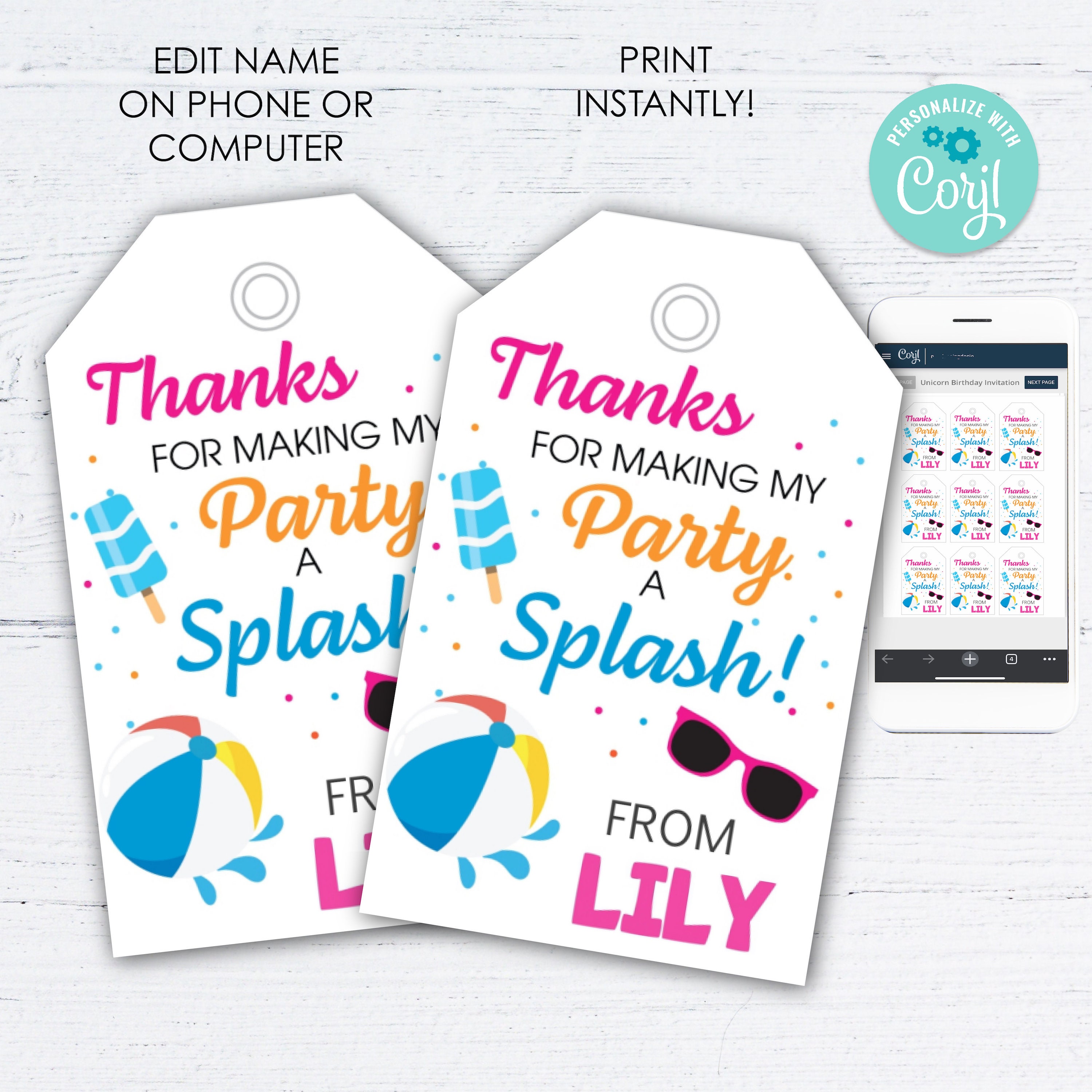 Pool Party Thank You Gift Tags, Instant Template Download, Kids ...