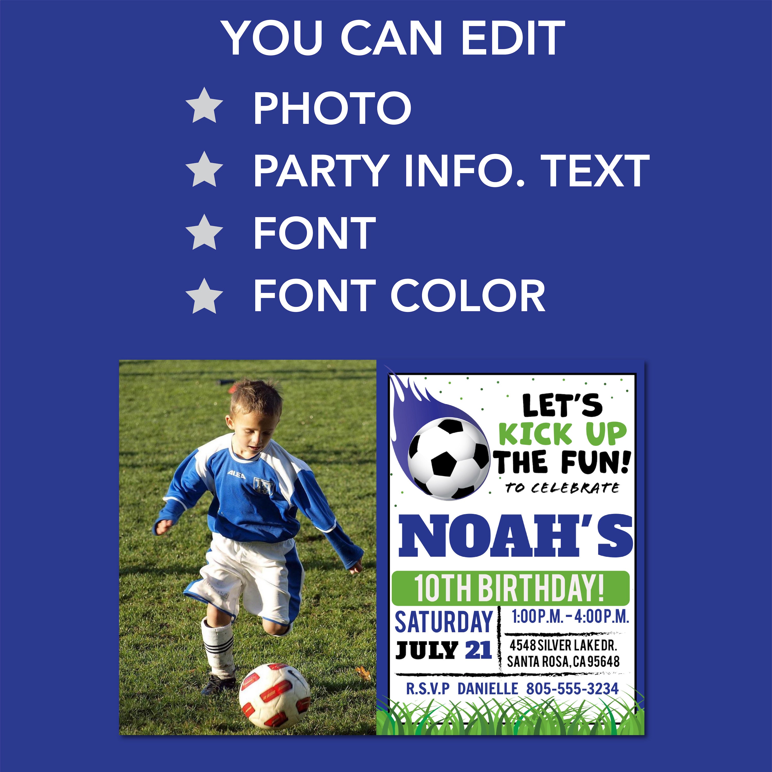 Editable Soccer Birthday Party Blue Invitation With Editable Photo ...