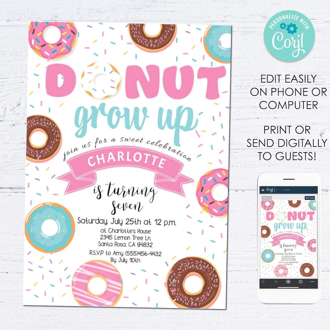 Editable Donut Birthday Party Invitation Instant Template Download Kids ...