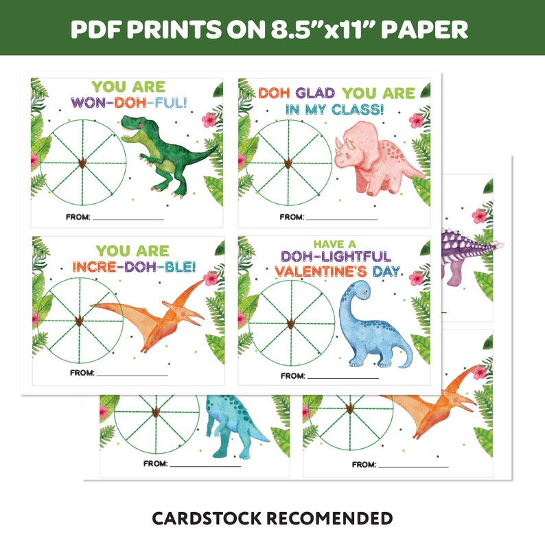 Dinosaur Playdoh Valentines, Kids School Printable Valentine Cards, Non ...