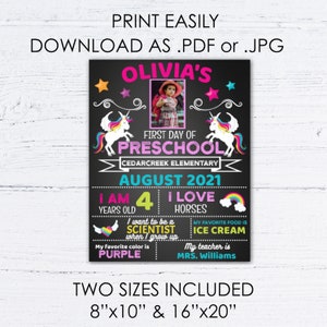 Unicorn Back to School Chalkboard Sign With Photo, First Day of School ...