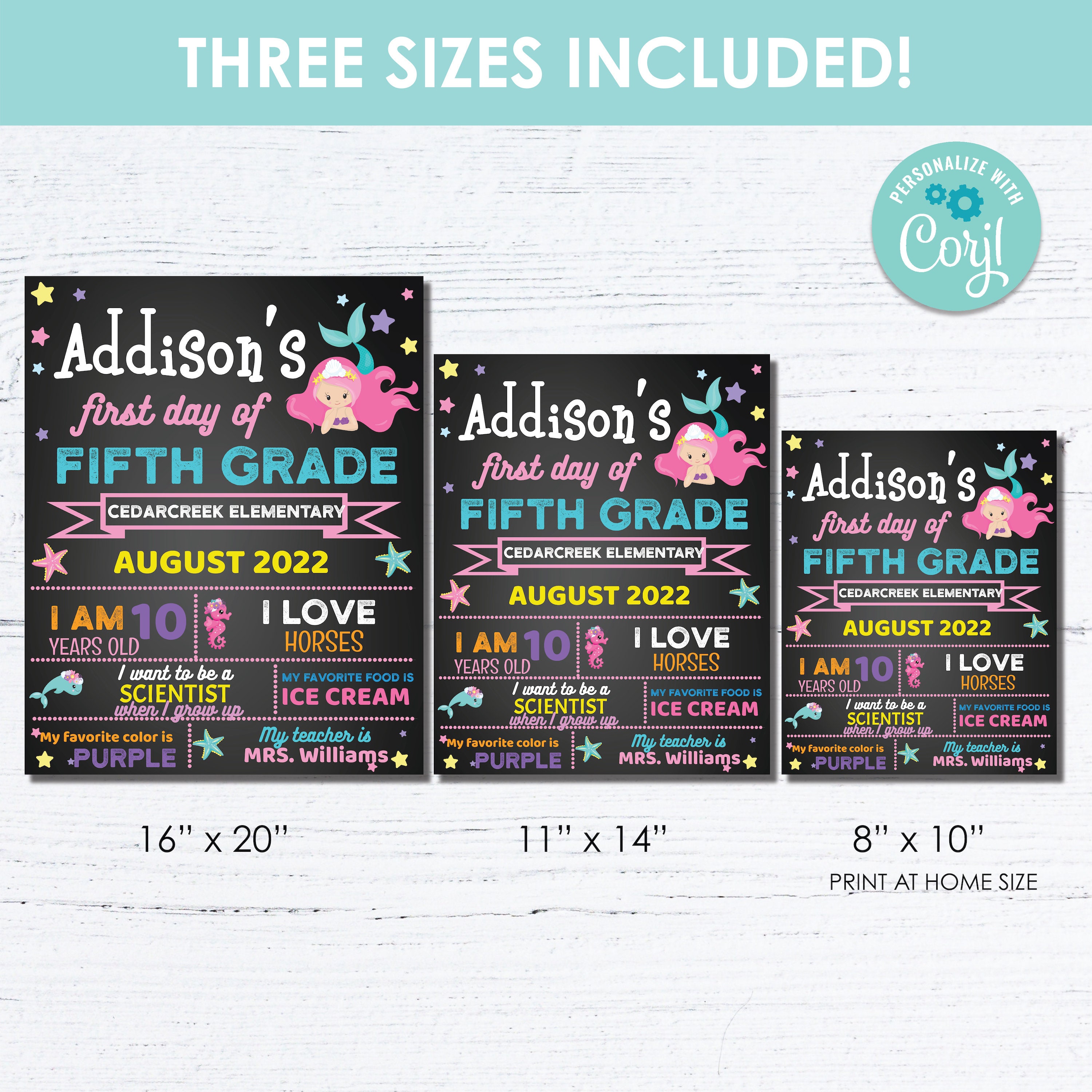 Mermaid Back to School Editable Printable Chalkboard Sign, First Day of ...