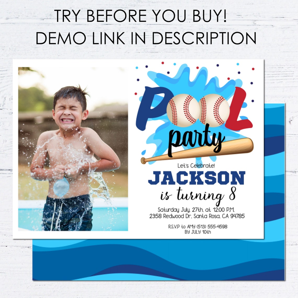 Editable Baseball Pool Birthday Party Photo Invitation Instant | Etsy