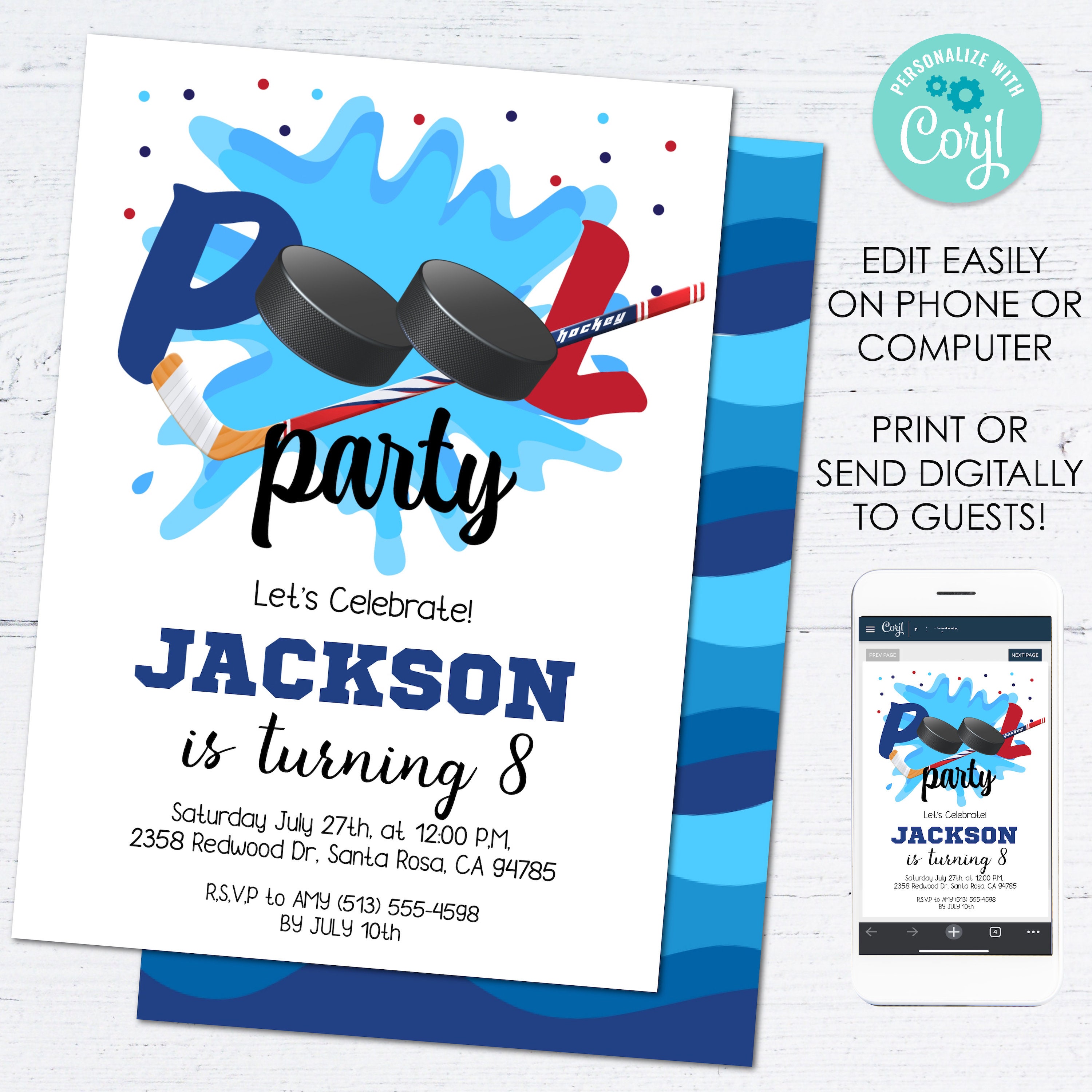 Editable Hockey Pool Birthday Party Invitation Instant Template ...