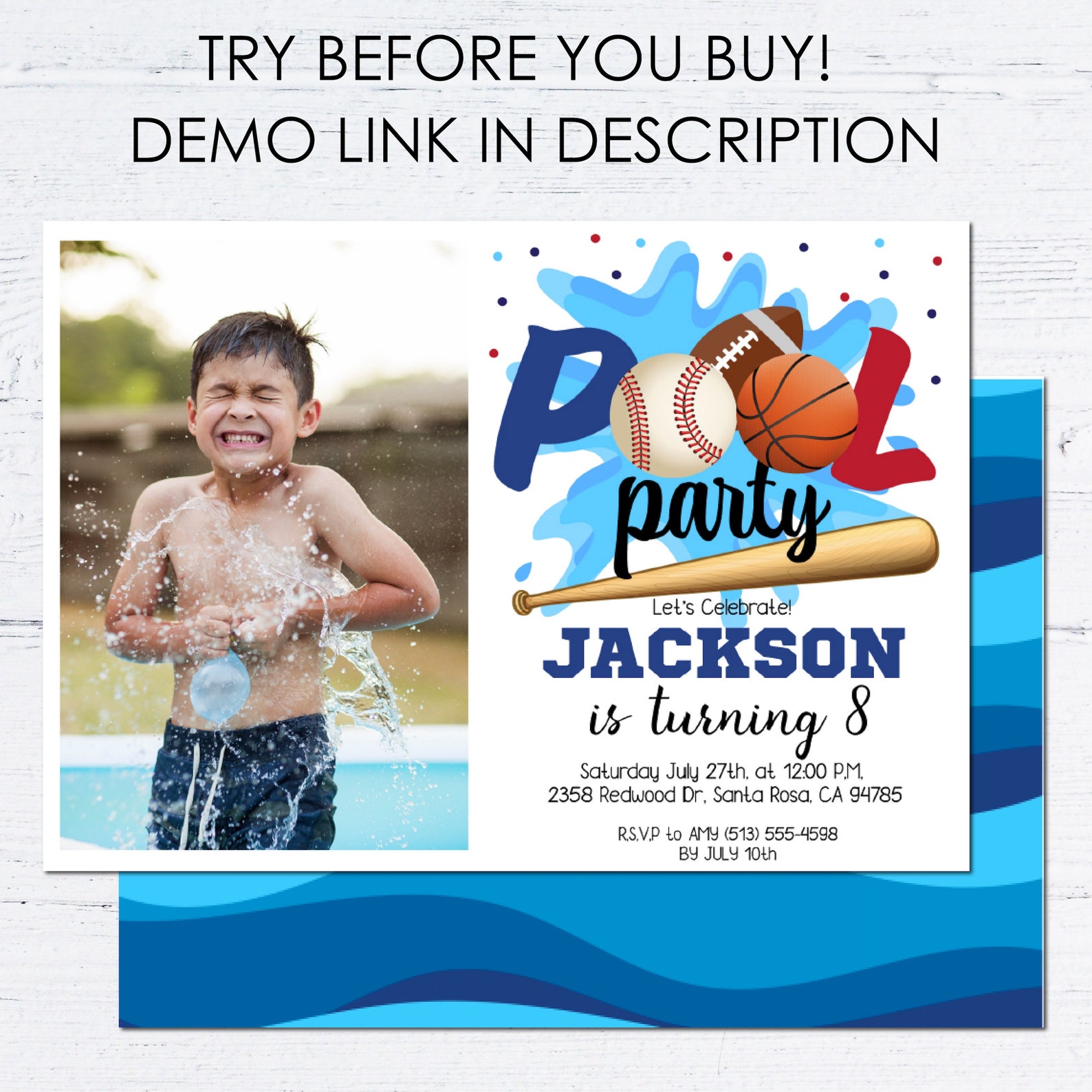 Editable Sports Pool Birthday Party Photo Invitation Instant Template ...