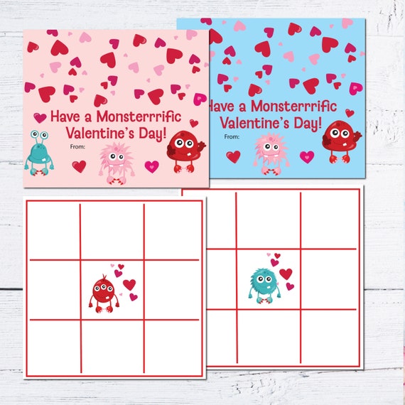 Printable Valentines Day Monster Tic Tac Toe Cards and Treat | Etsy