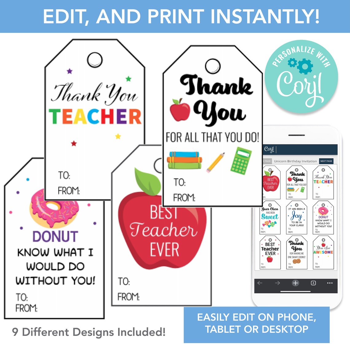 Teacher Appreciation Gift Tag Assortment, Printable Thank You Tag ...