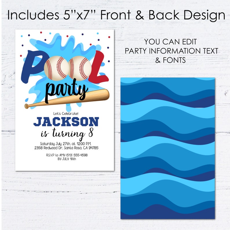 Editable Baseball Pool Birthday Party Invitation Instant Template ...