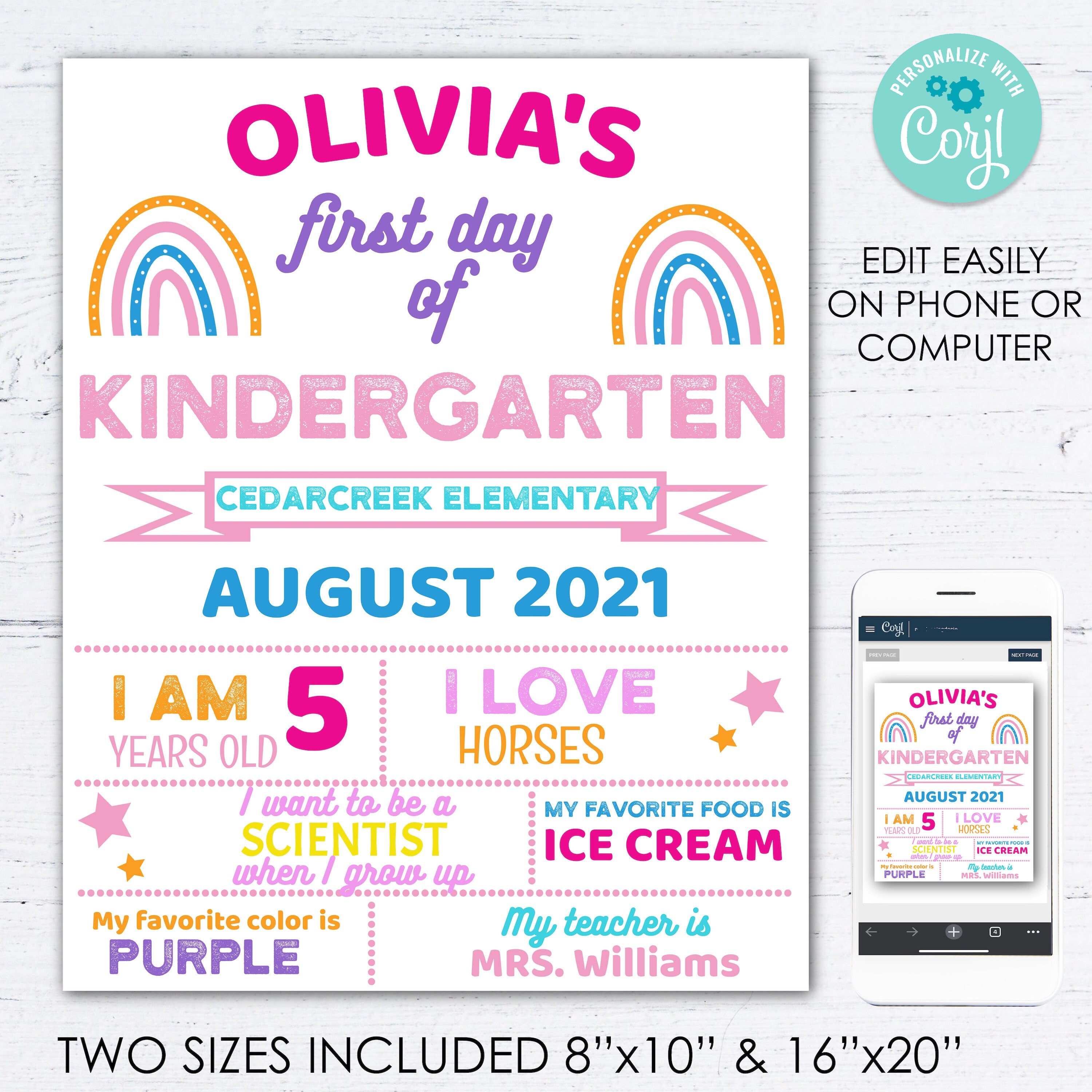 Rainbow Back to School Sign, First Day of School Sign, Editable ...