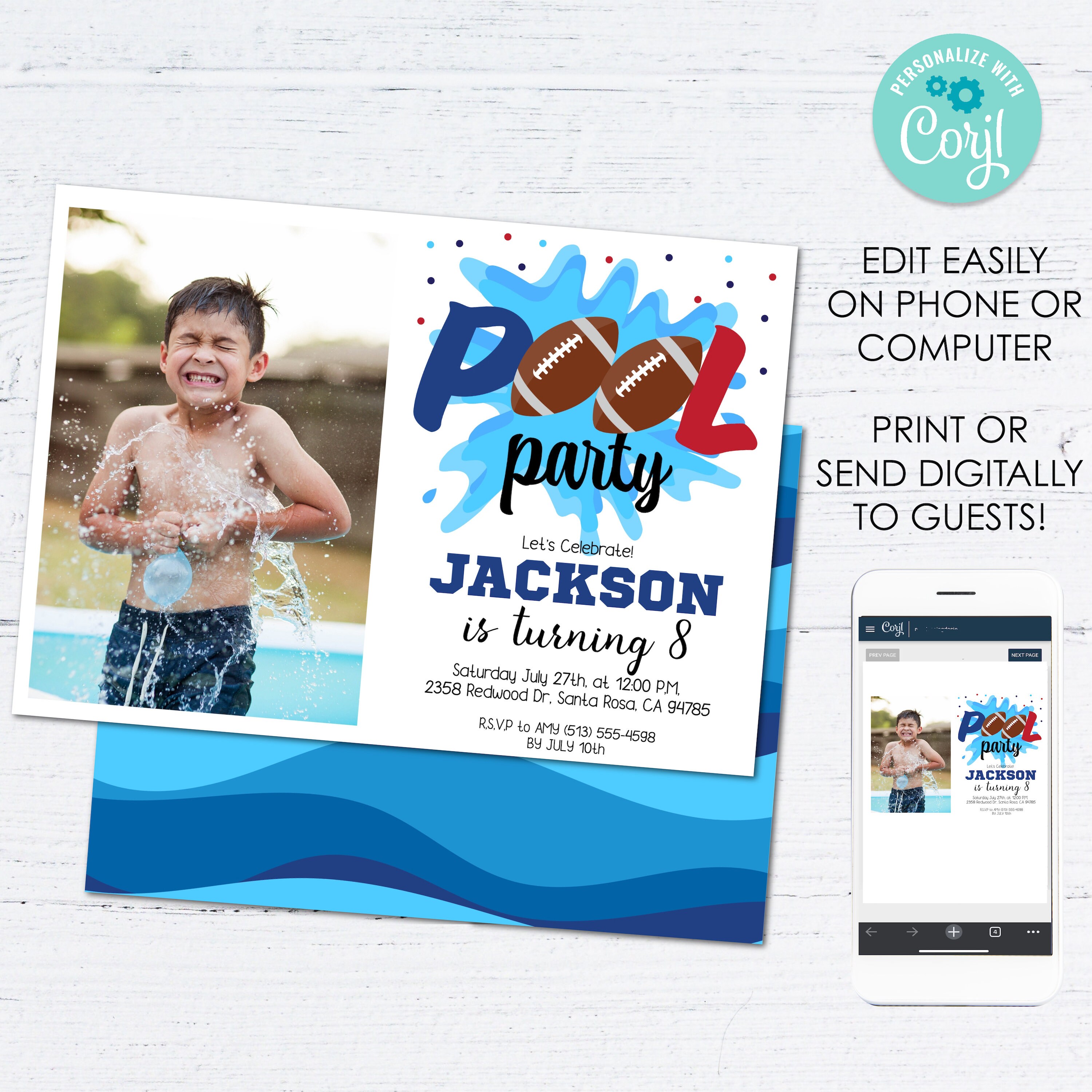 Football Pool Birthday Party Invitation With Editable Photo, Instant ...