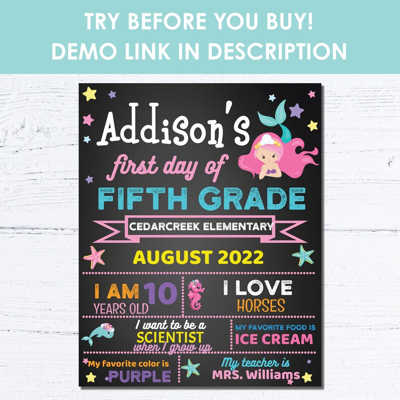 Mermaid Back to School Editable Printable Chalkboard Sign, First Day of ...