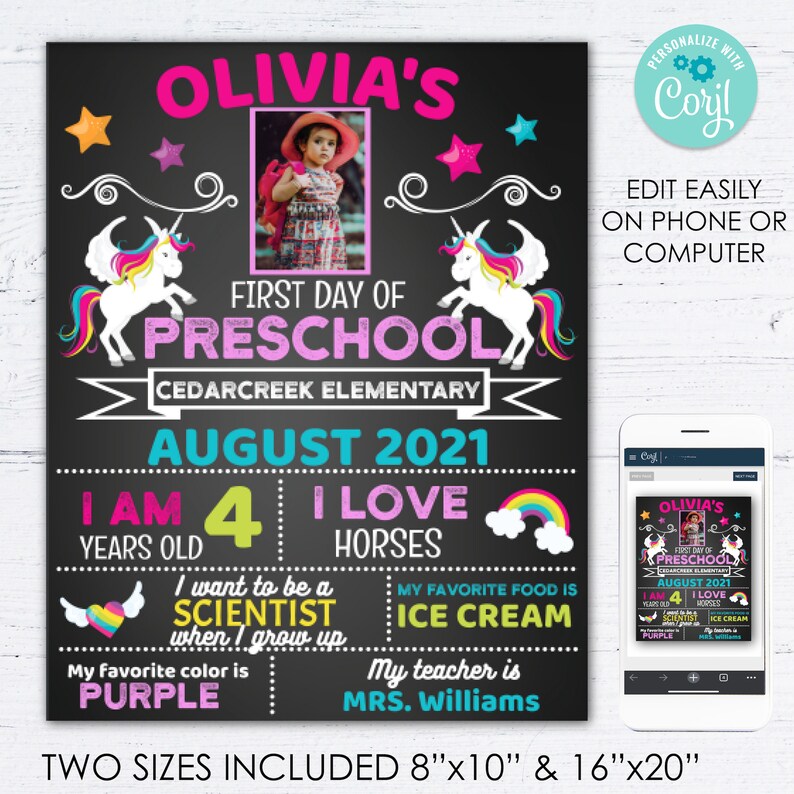 Unicorn Back to School Chalkboard Sign With Photo First Day - Etsy