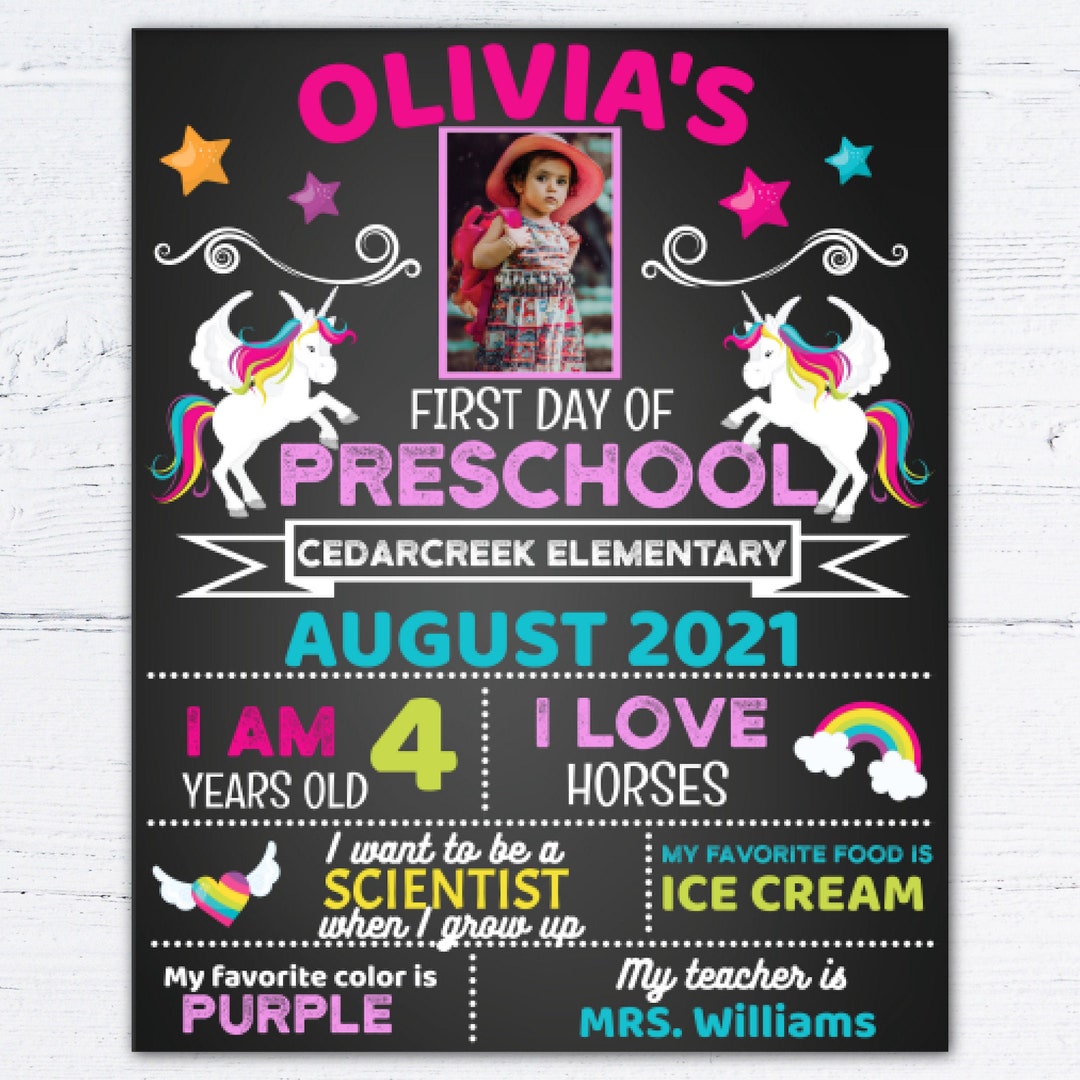 Unicorn Back to School Chalkboard Sign With Photo, First Day of School ...