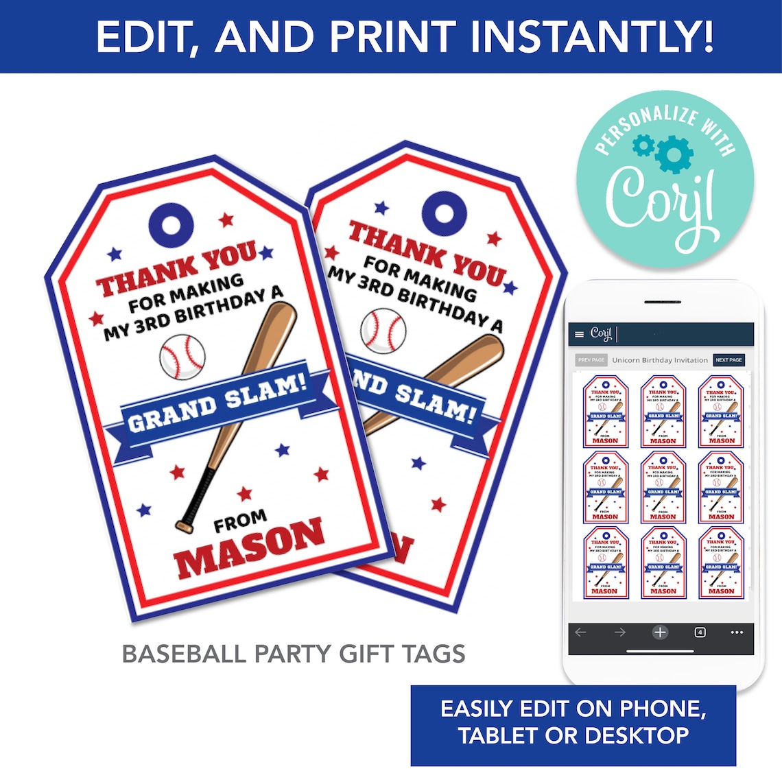 Editable Baseball Birthday Party Gift Tags Instant Template | Etsy