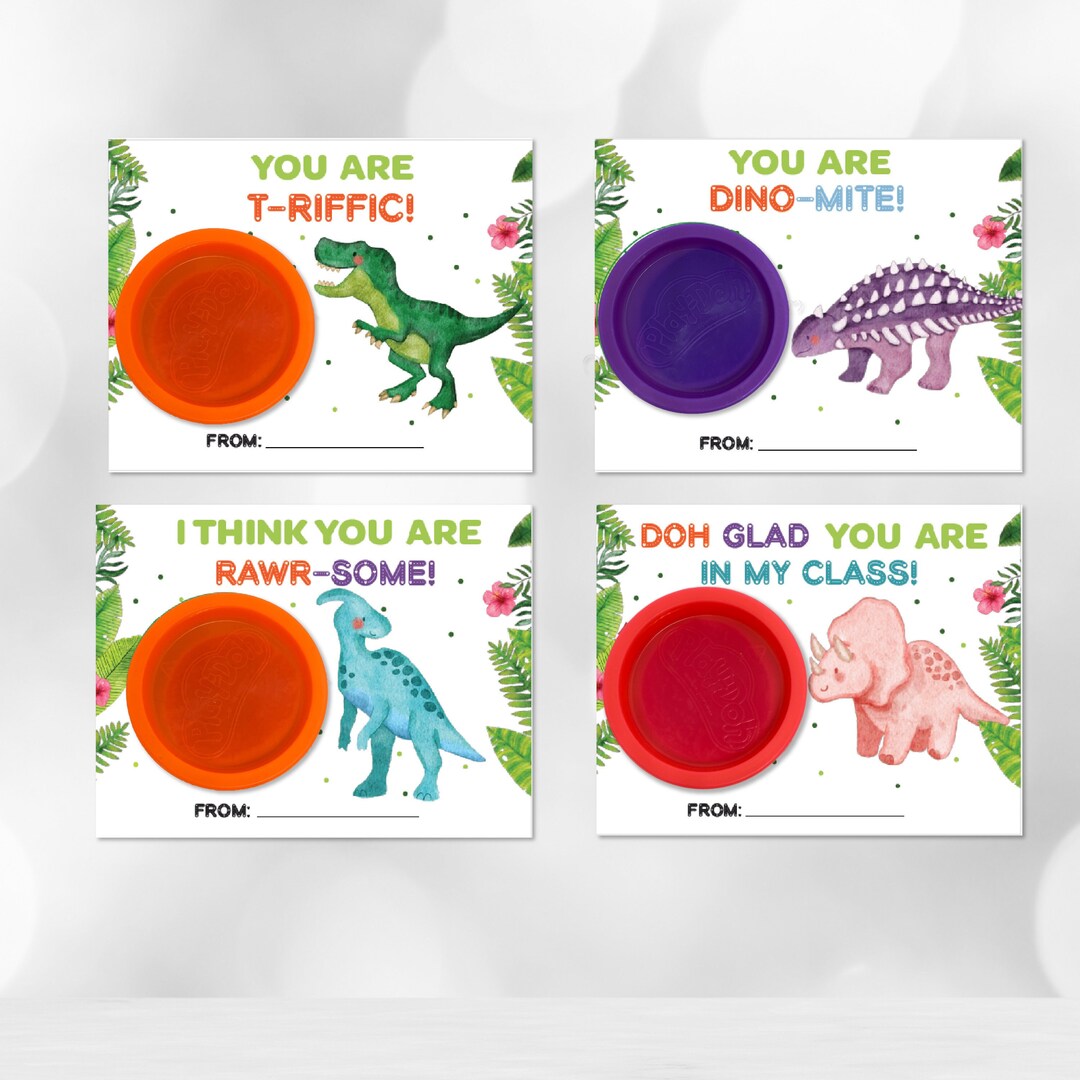 Dinosaur Playdoh Valentines, Kids School Printable Valentine Cards, Non ...