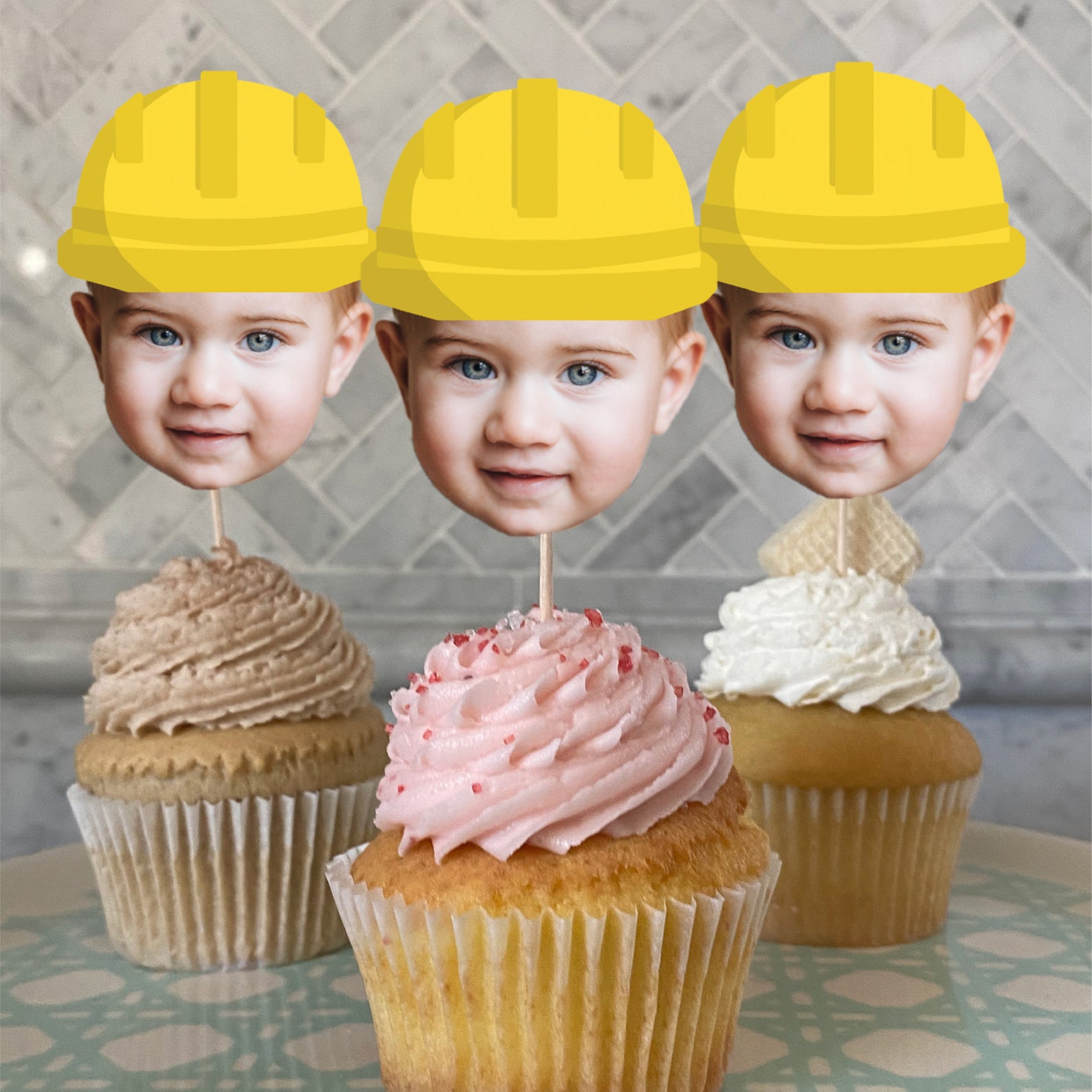 Editable Construction Hard Hat Face Cupcake Topper, Construction Safety ...