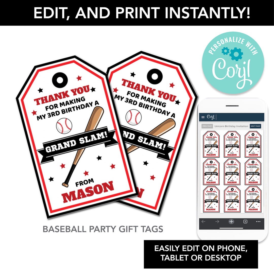 Editable Baseball Birthday Party Gift Tags Red & Black Instant Template ...