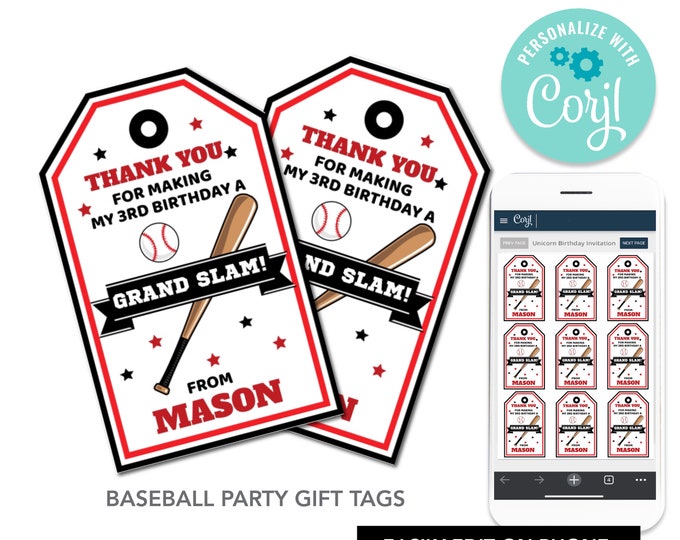 Editable Baseball Birthday Party Gift Tags Red & Black Instant Template ...