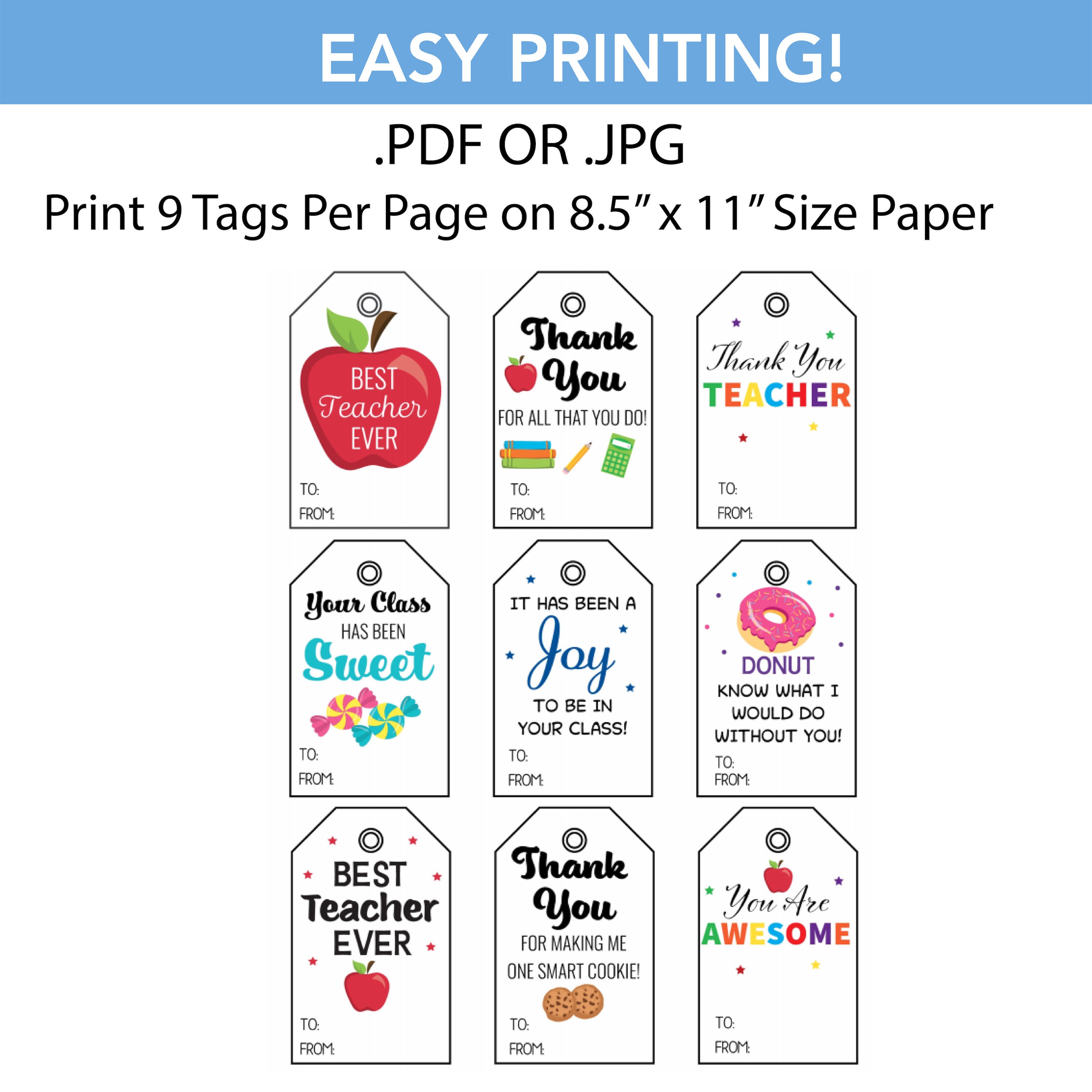 Teacher Appreciation Gift Tag Assortment, Printable Thank You Tag ...