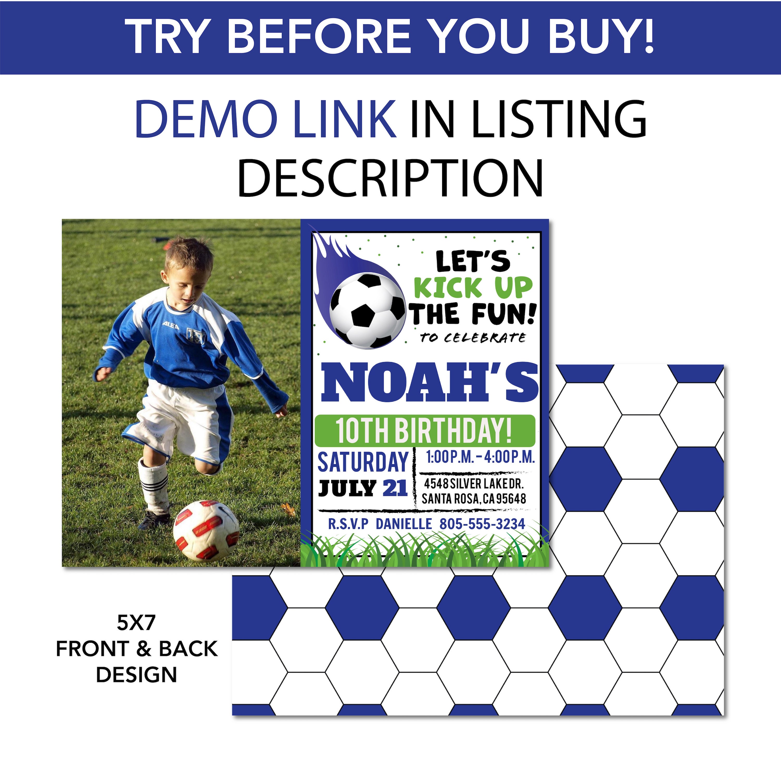 Editable Soccer Birthday Party Blue Invitation With Editable Photo ...