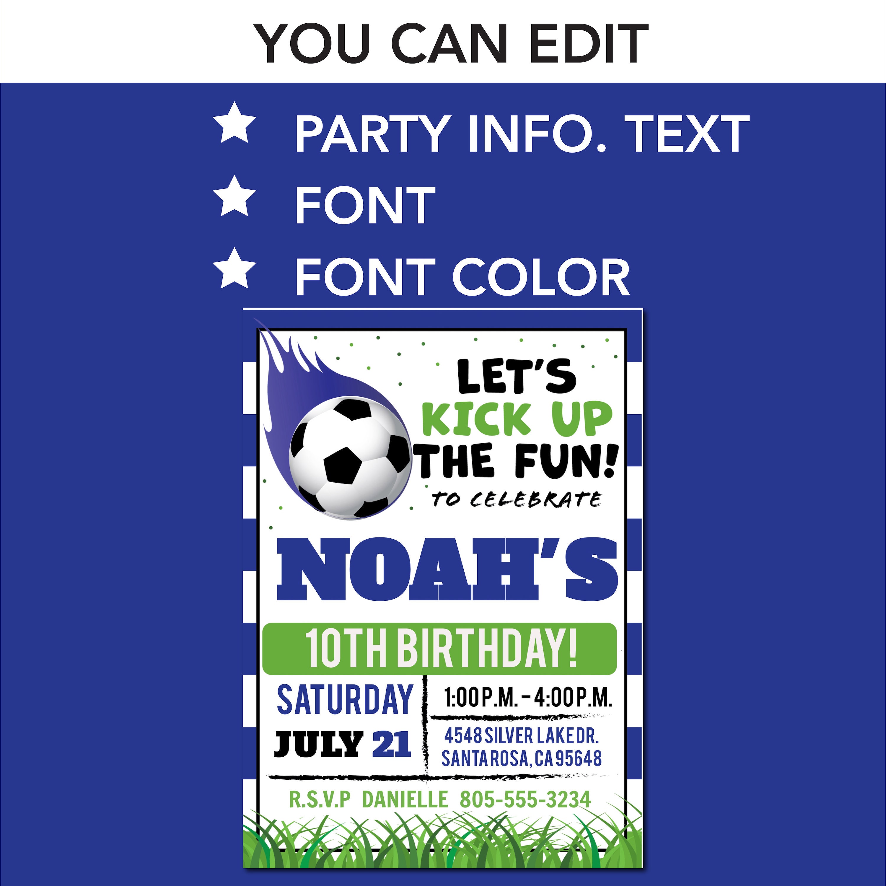 Editable Soccer Birthday Party Blue Invitation Instant Template ...