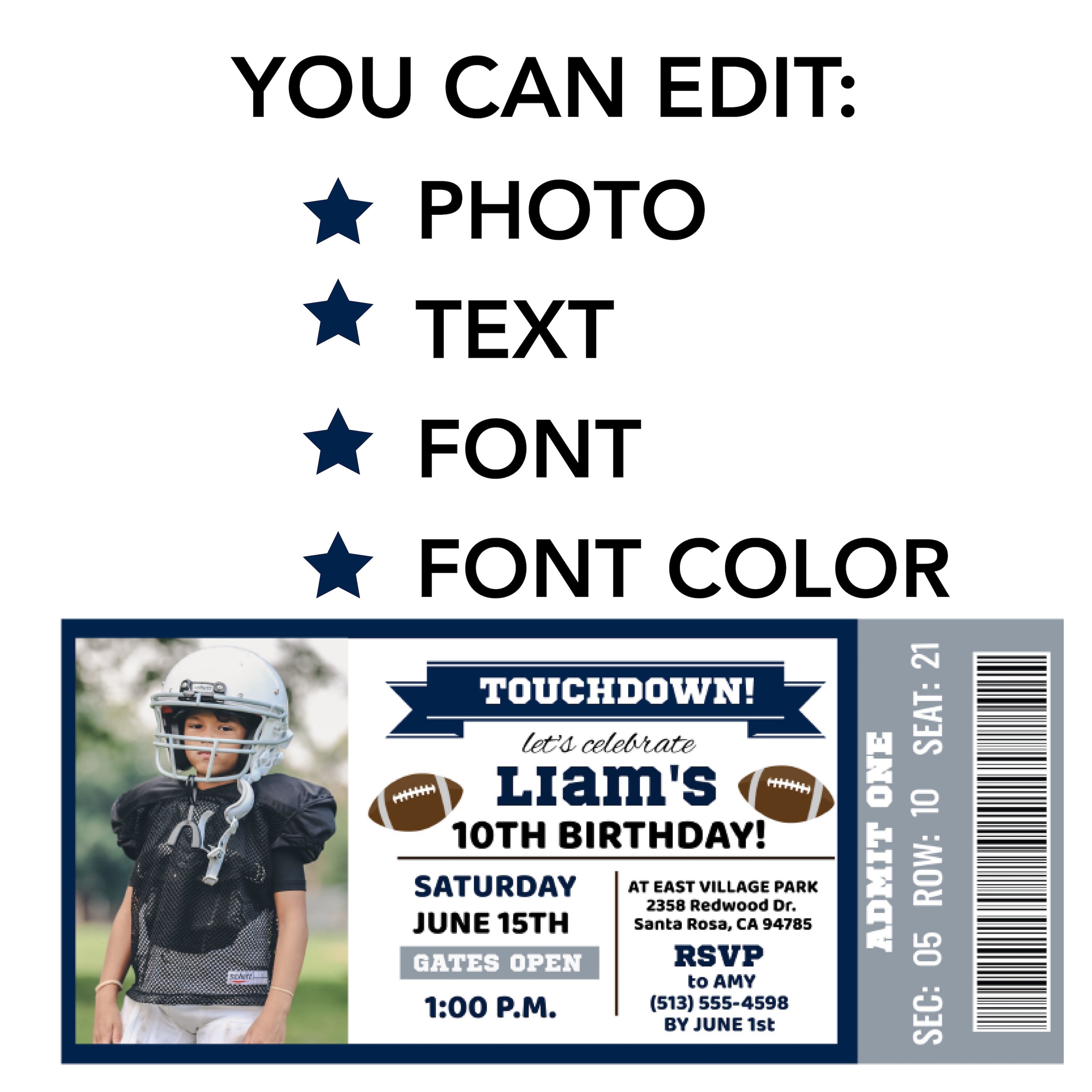 Editable Football Ticket Birthday Party Invitation Navy Blue and Grey ...