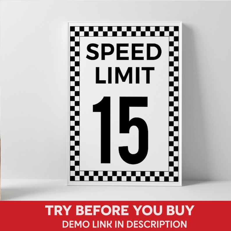 Editable Checkered Speed Limit Sign, Racing Birthday Party Sign ...