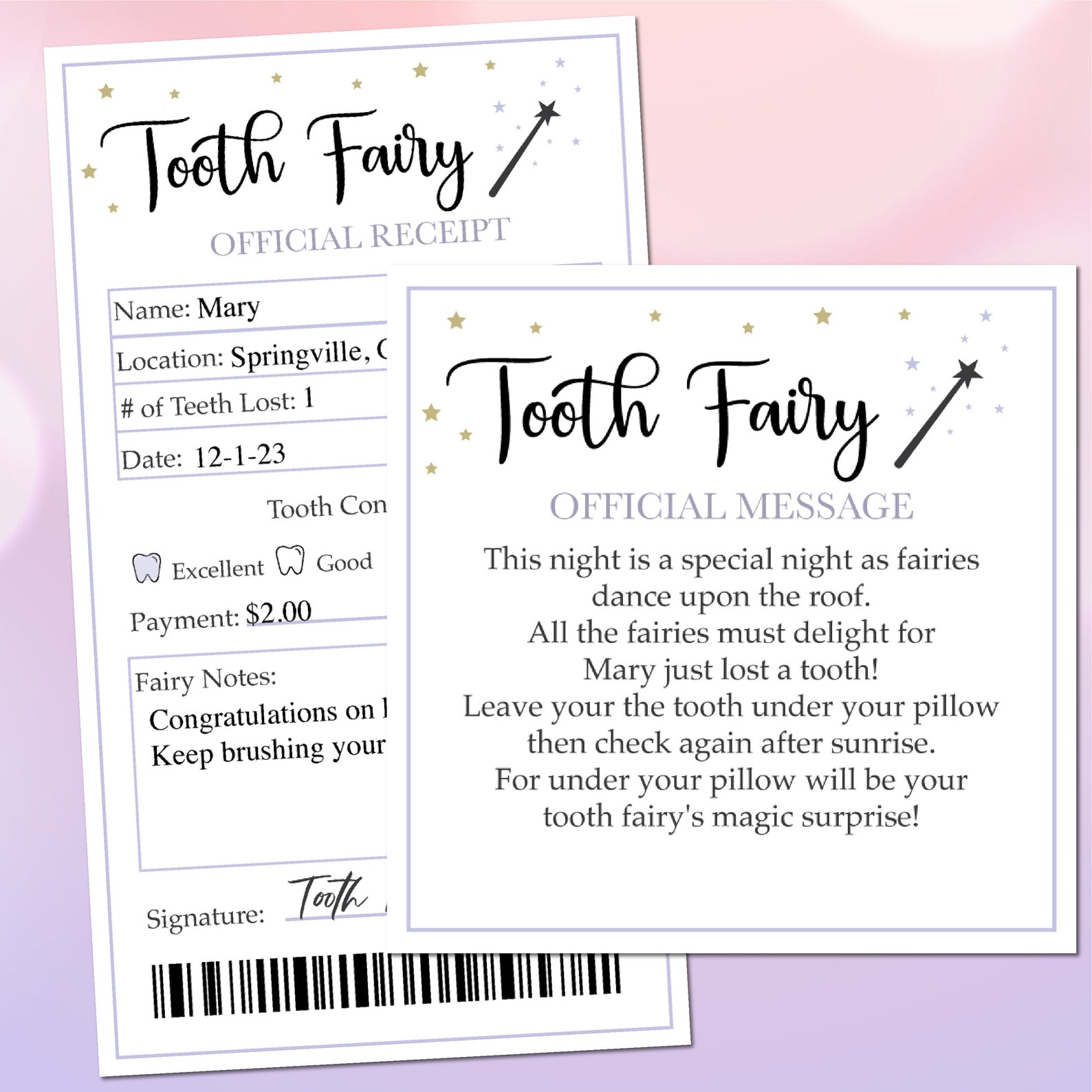 Editable Printable Tooth Fairy Receipt and Message Card Bundle, Lost ...