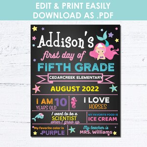 Mermaid Back to School Editable Printable Chalkboard Sign, First Day of ...